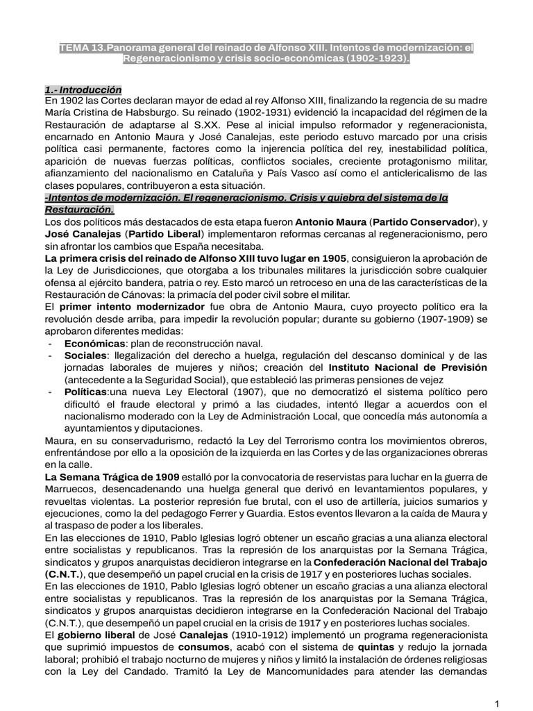 EBAU Tema 13 Panorama General Del Reinado de Alfonso XIII. Intentos de ...