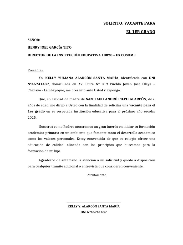 Modelo Solicitud Vacante Colegio Word Peru | PDF | Documento de ...