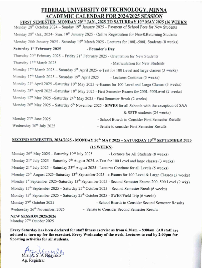 FUT - Minna - 2024 - 2025 Calendar | PDF