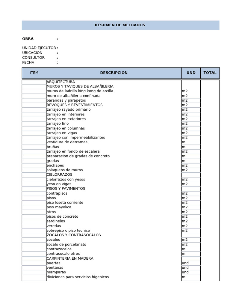 MODELO_HOJA DE METRADOS (6) | PDF | Carpintería | Albañilería