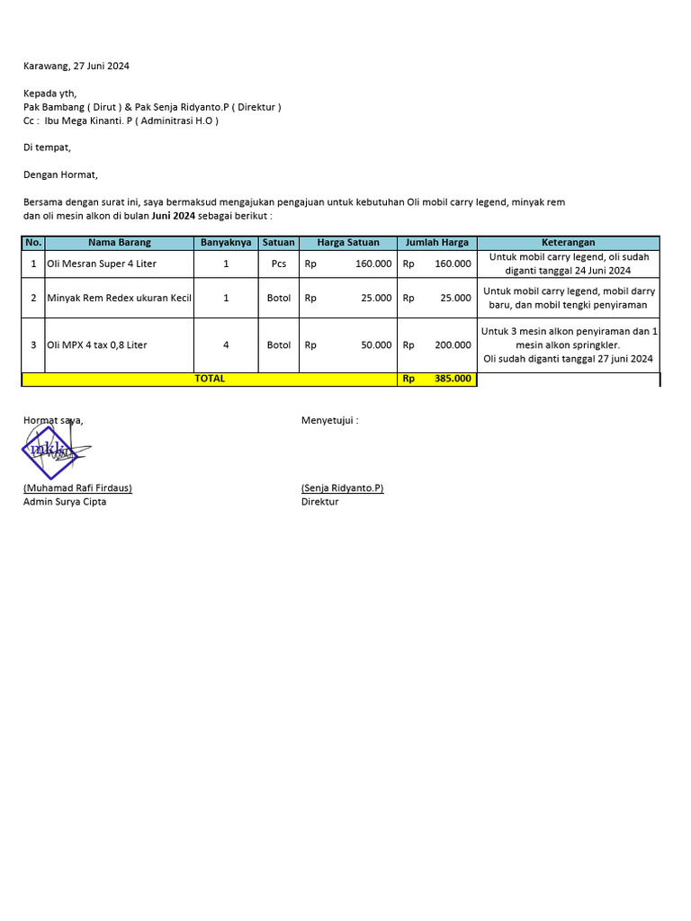 Pengajuan Oli Mobil Carry Legend, Minyak Rem, Dan Oli Mesin Alkon | PDF