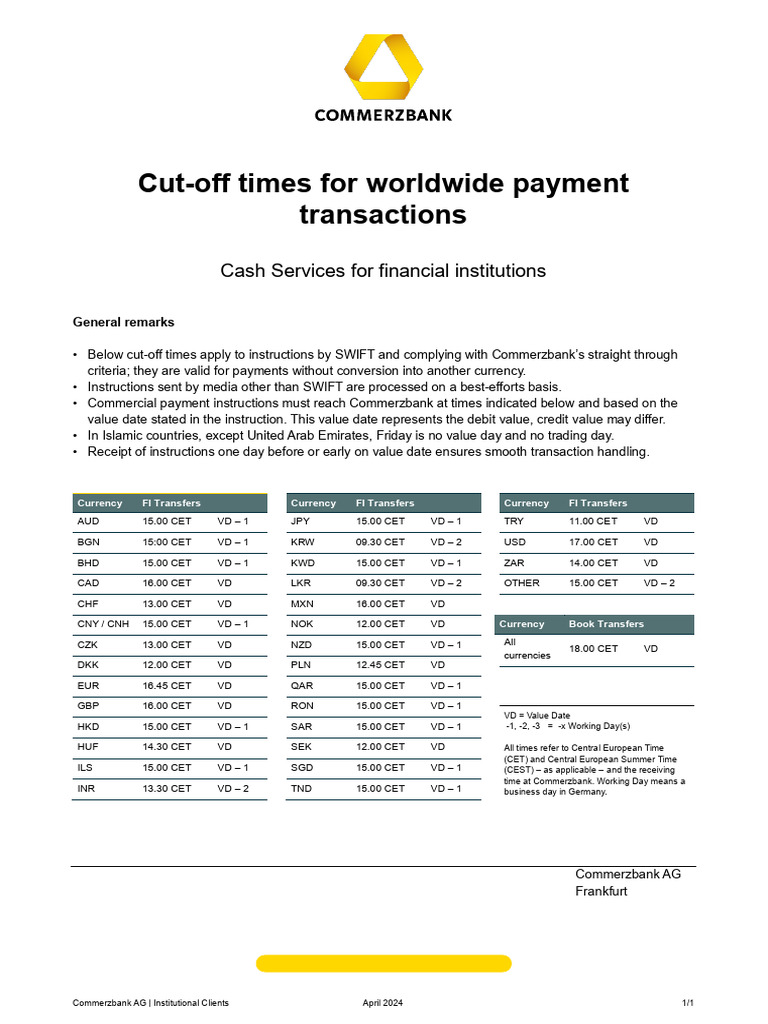 Commerzbank Payment Cut-off Times | PDF | Foreign Exchange Market ...