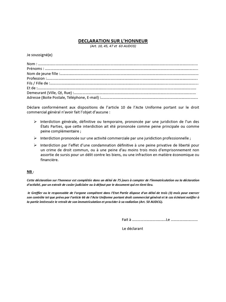 Déclaration sur l'honneur commerciale | PDF