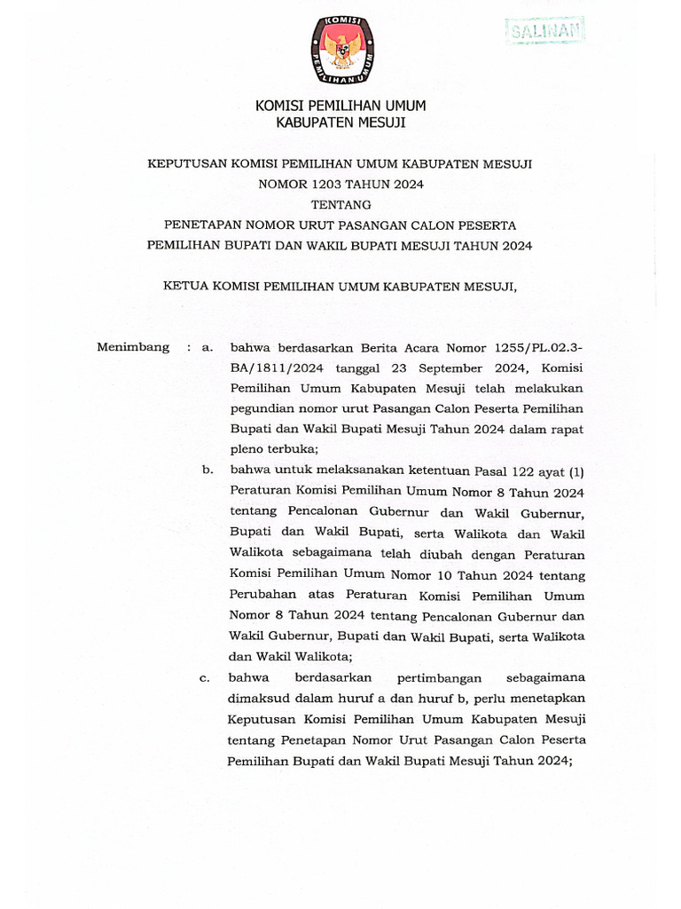 SK Kpu Kab. Mesuji Nomor 1203 Tahun 2024 | PDF