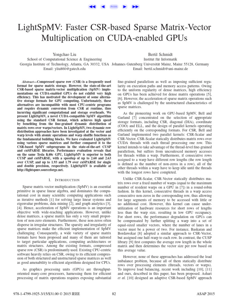 LightSpMV Faster CSR-based Sparse Matrix-Vector Multiplication On CUDA-enabled GPUs | PDF ...