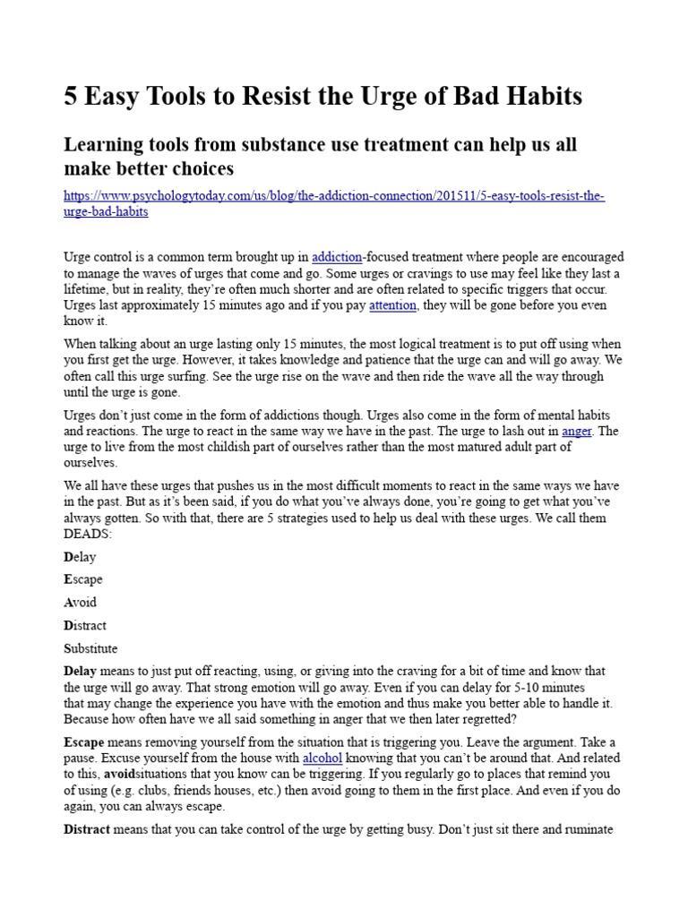 5 Easy Tools To Resist The Urge of Bad Habits Aka DEADS | PDF | Anger ...