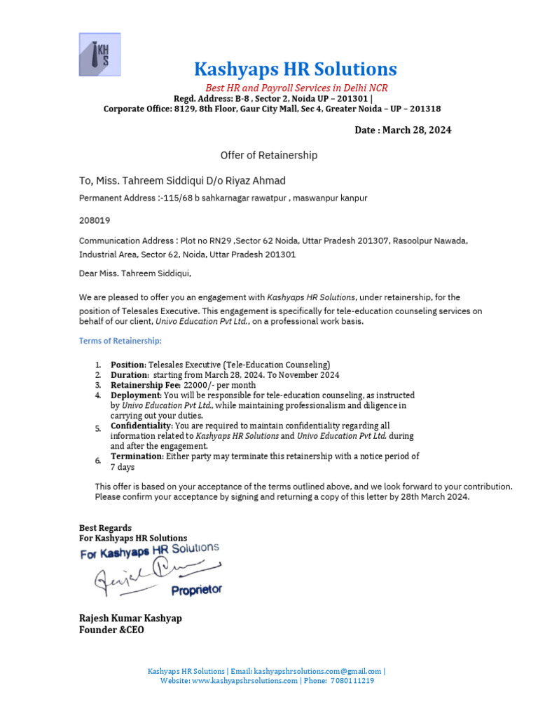 Telesales Executive Offer Letter | PDF