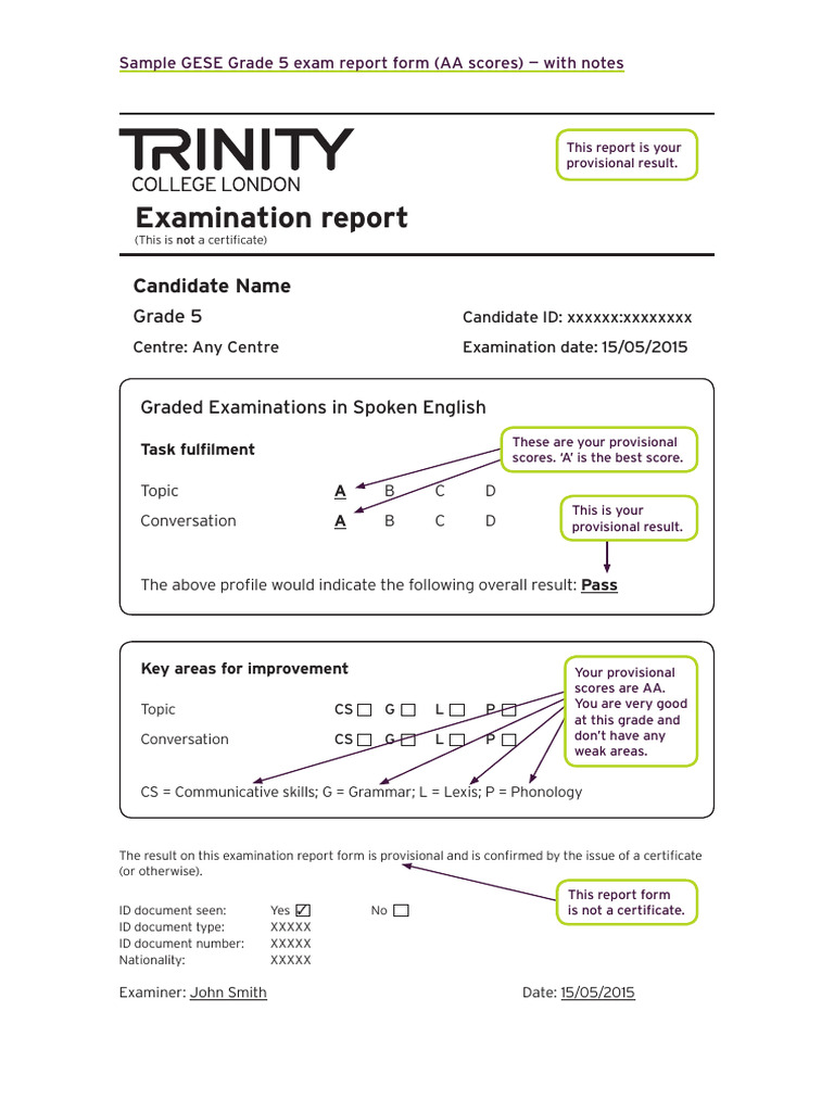 Sample GESE Grade 5 Exam Report Form (AA Scores) - With Notes | PDF