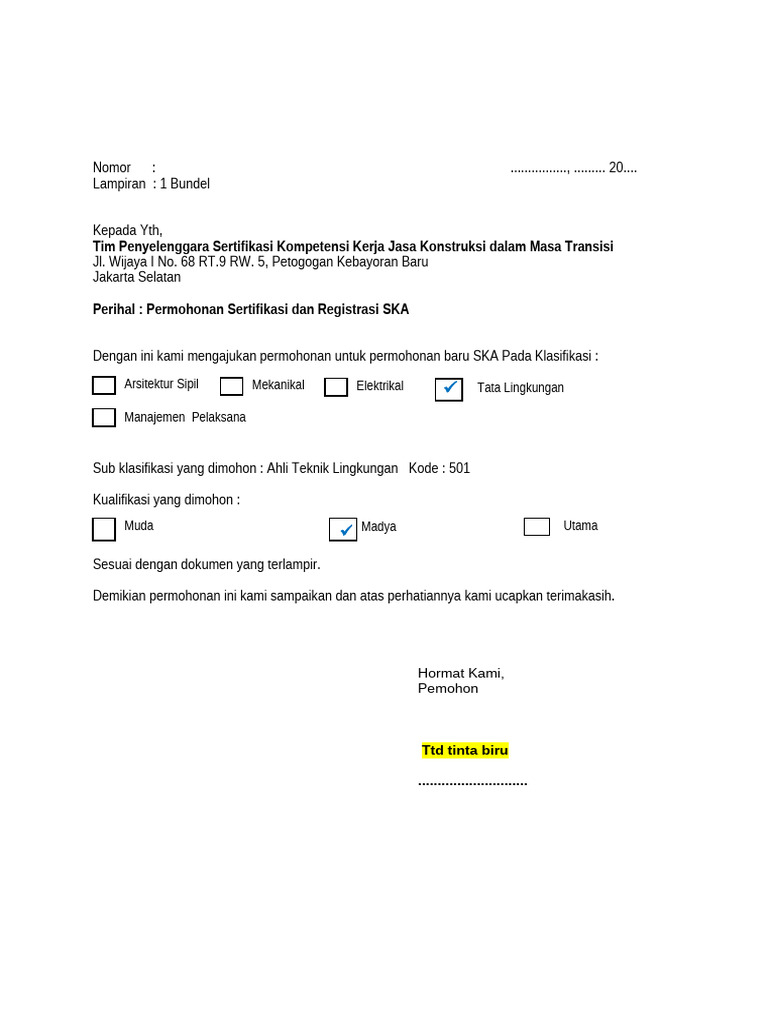 Surat Permohonan Sertifikasi Dan Registrasi SKA-2 | PDF