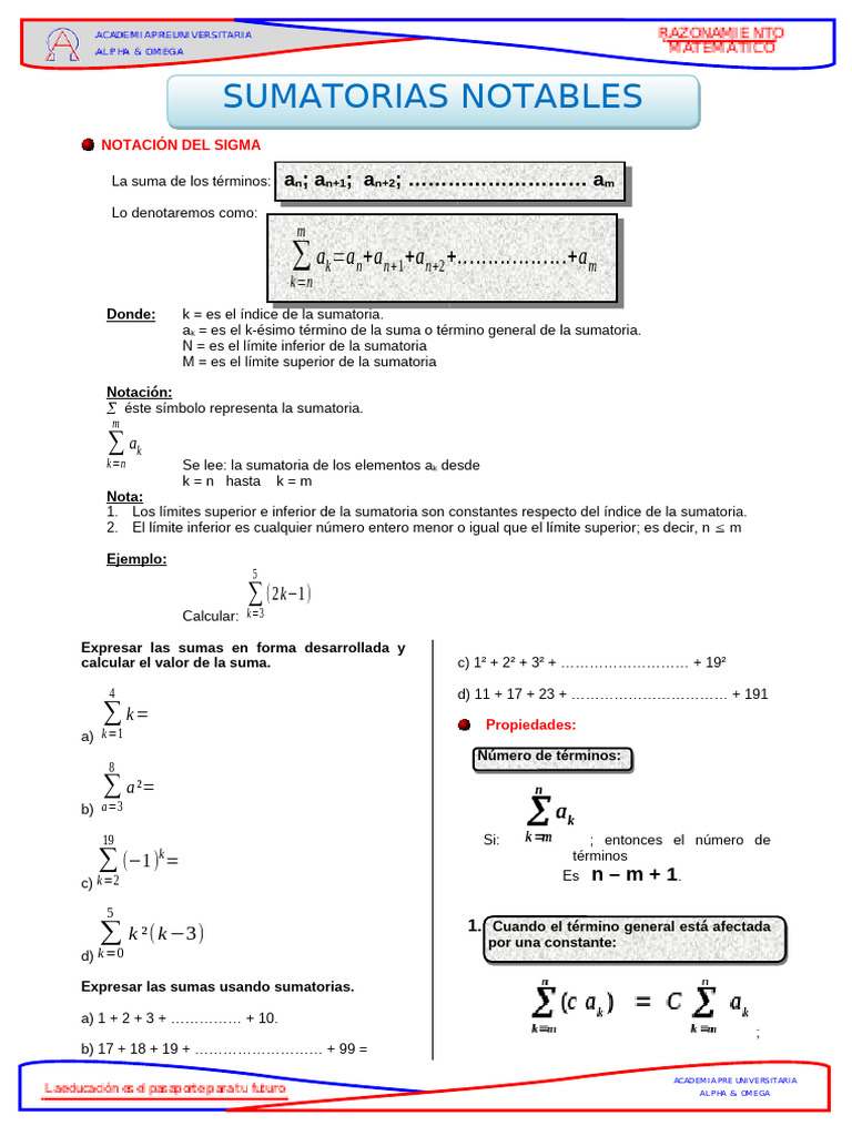 Sumas Notables y Propiedades Matemáticas | PDF | Suma | Notación