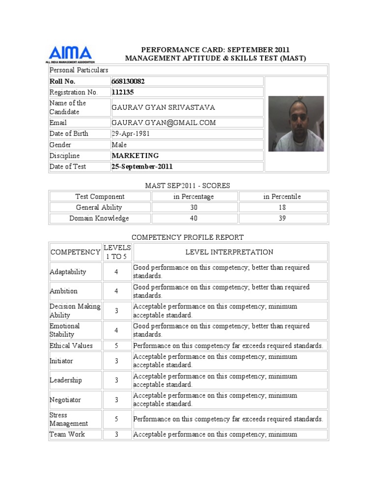 Mast Score Card (Performance Card) | Download Free PDF | Competence ...