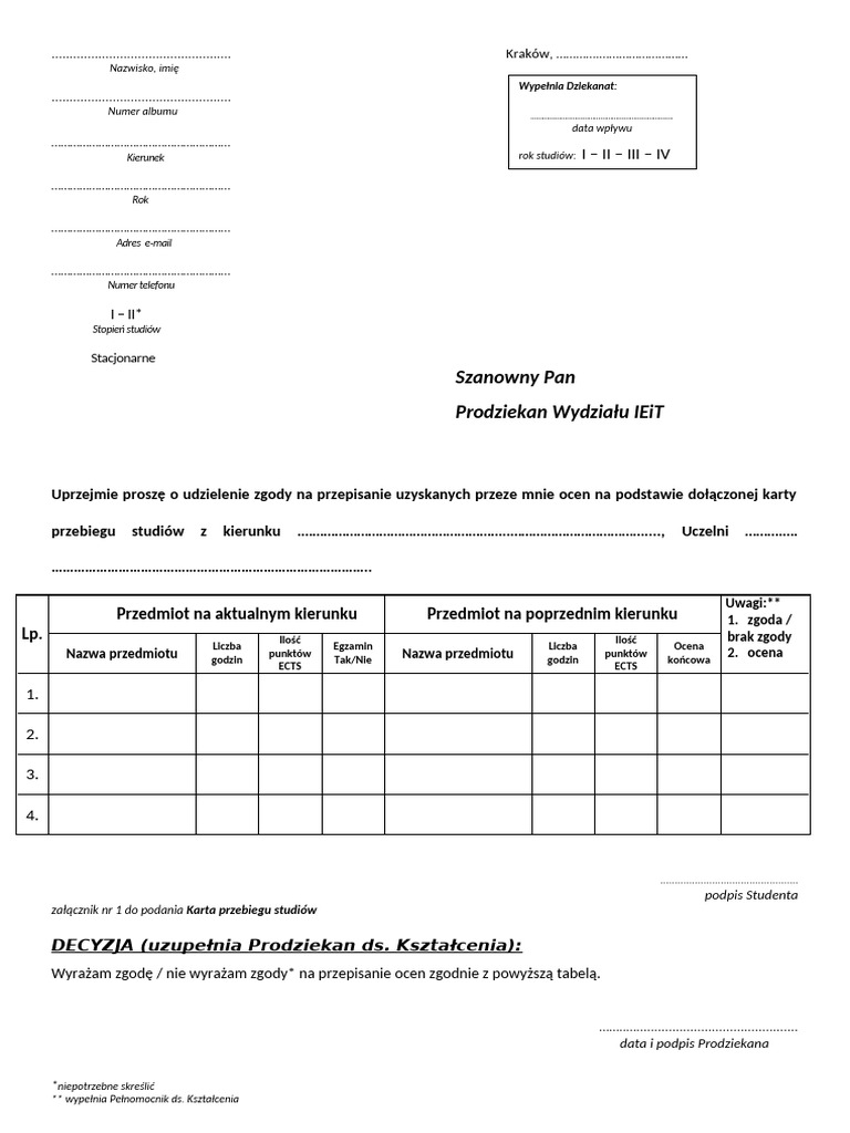 WIET Podanie o Przepisanie Ocen-1 | PDF