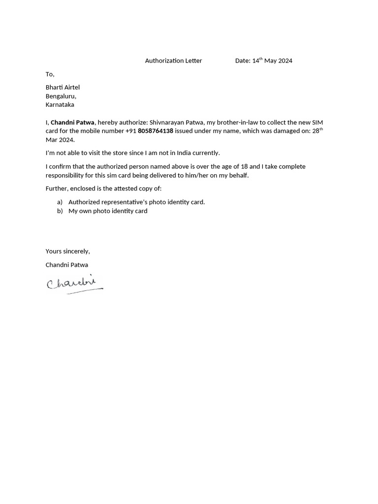 Airtel Sim - Authorization Letter | PDF