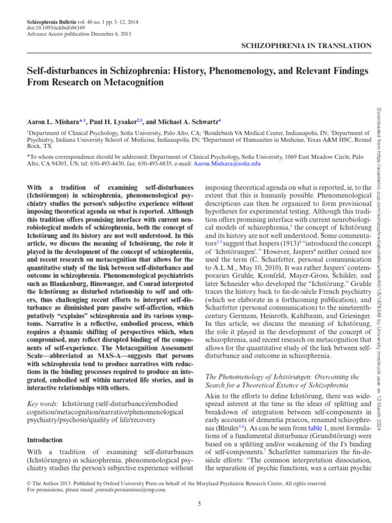 Self-Disturbances in Schizophrenia: History, Phenomenology, and ...