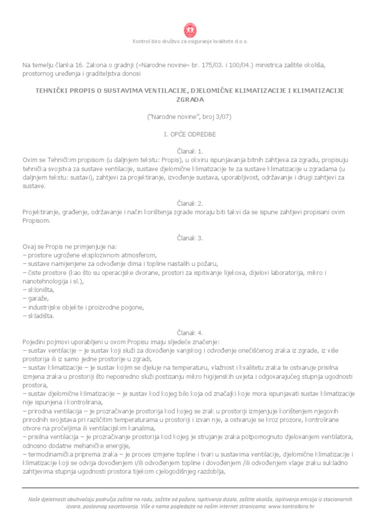 Tehnički Propis o Sustavima Ventilacije Djelomične Klimatizacije I Klimatizacije Zgrada | PDF