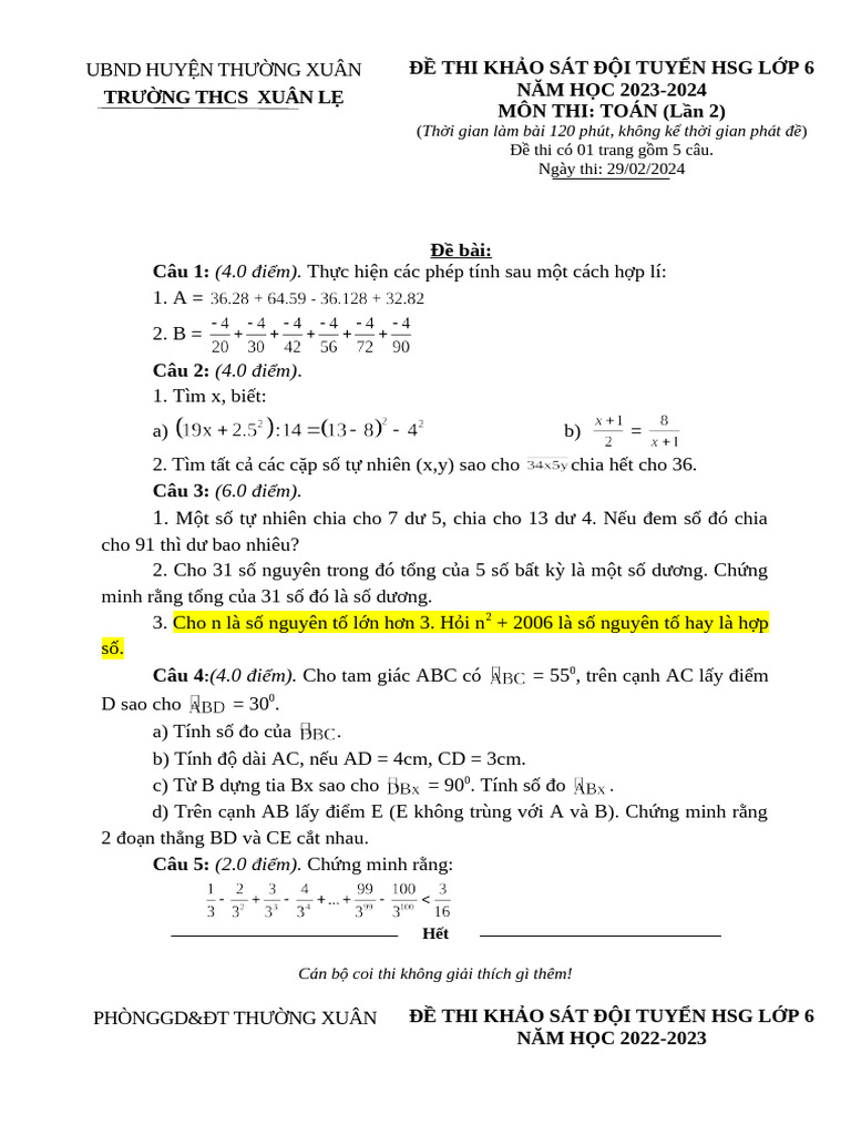 12. HSG 6 Thường Xuân 2023-2024 | PDF