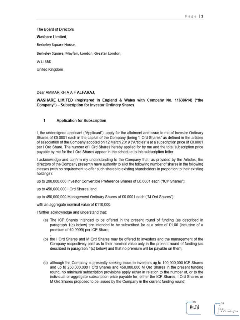 Washare LTD I Ord Shares Subscription Letter | PDF | Dividend ...