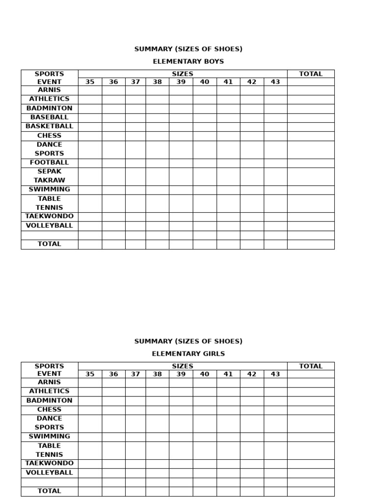 SUMMARY of SHOE SIZES | PDF