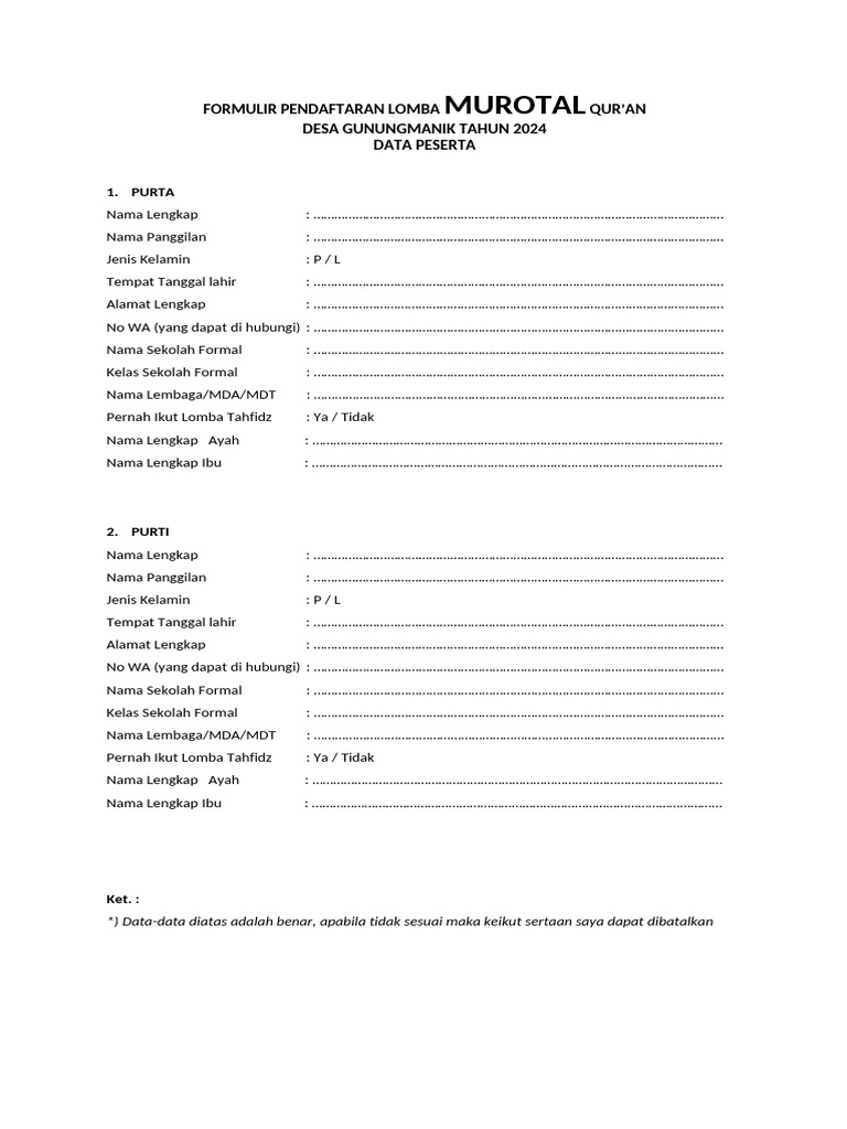 3.FORMULIR PENDAFTARAN MUROTAL Ini | PDF