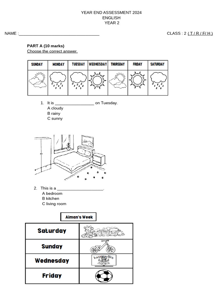 Year End Assessment 2024: English Year 2 | PDF