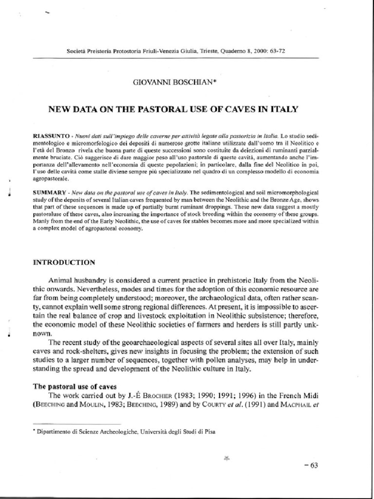 Boschian, G. (2000) - New Data On Pastoral Use of Caves in Italy | PDF ...