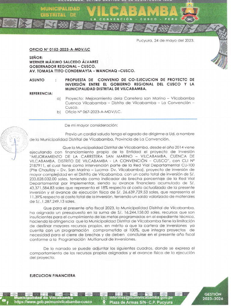 10062_OFICIO N°0152-2023 FIRMA DE CONVENIO | PDF