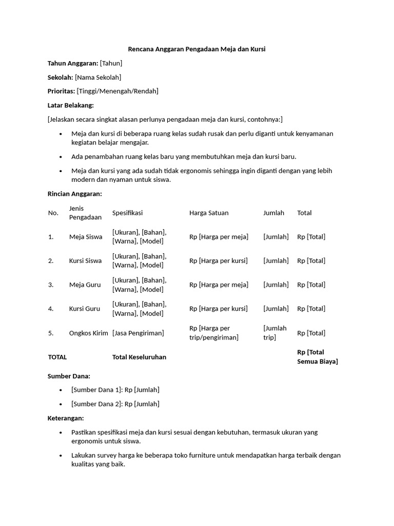 Rencana Anggaran Pengadaan Meja Dan Kursi | PDF