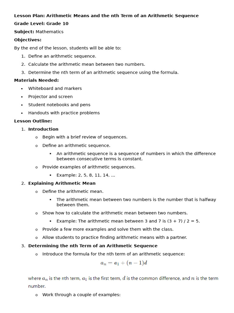 Arithmetic Sequence - Mean & NTH Term | PDF | Arithmetic | Mean