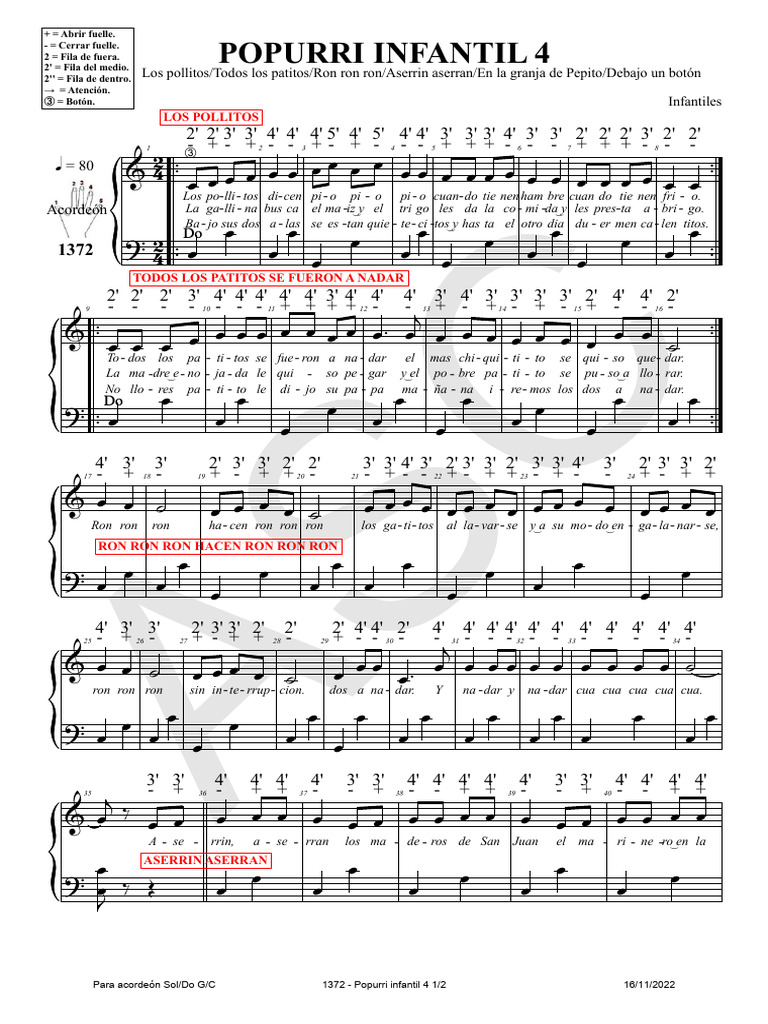 POPURRI INFANTIL 4 - Partitura Completa | PDF | Acordeón | Instrumentos de teclado