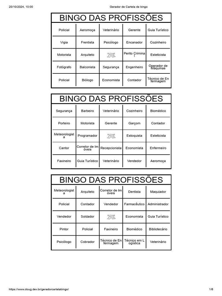 Bingo das Profissões para Imprimir | PDF