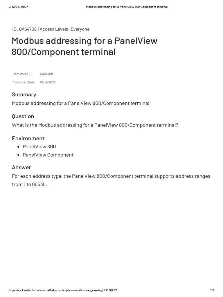 Modbus Addressing For A PanelView 800 - Component Terminal | PDF | Information | Computing