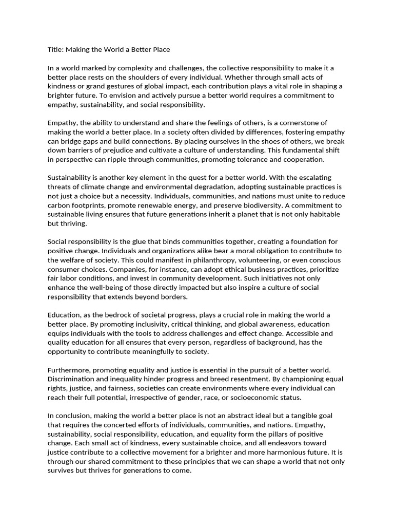 Making The World A Better Place Essay Competition | PDF ...