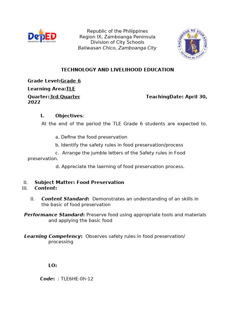 TLE 10 Technology For Teaching and Learning 2 Lesson Plan Food ...