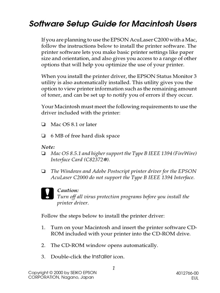Epson Aculaser c2000 Software Setup Guide For Macintosh Users | PDF ...