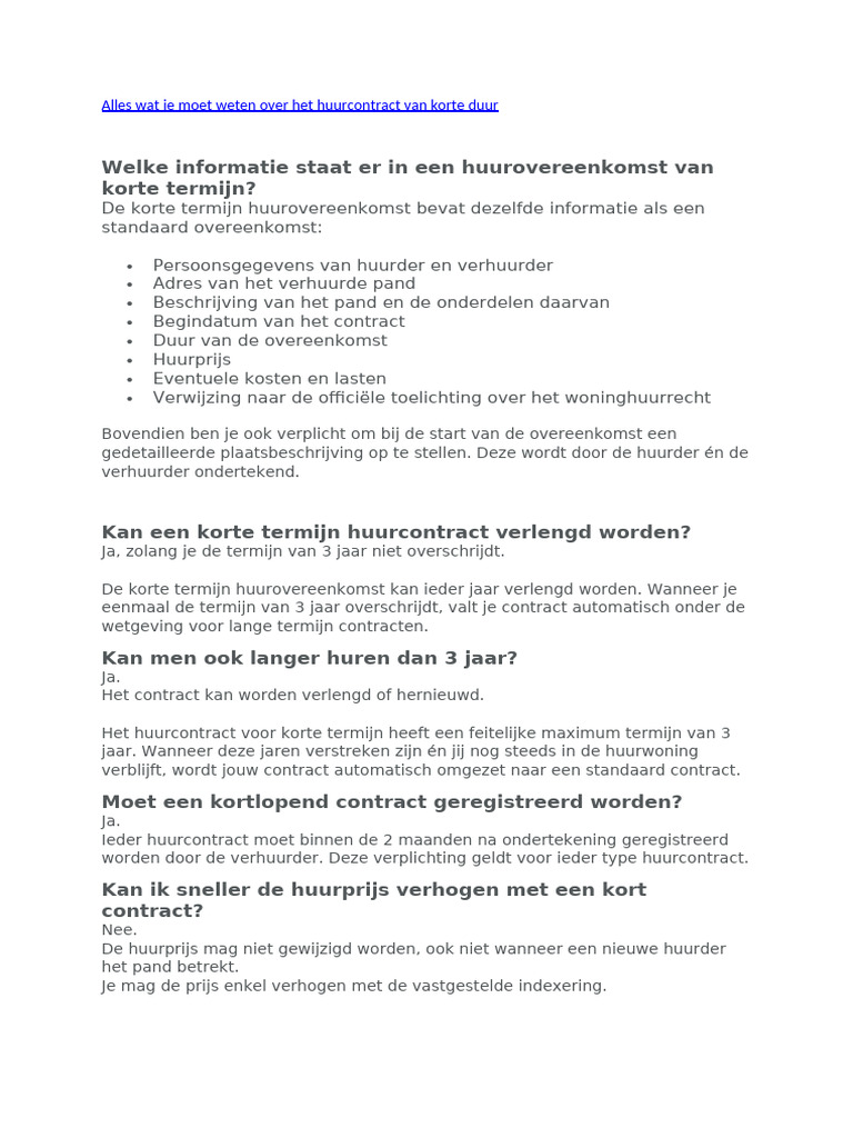 Alles Wat Je Moet Weten Over Het Huurcontract Van Korte Duur | PDF