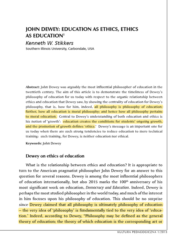 1 - Stikkers 2017 - John Dewey - Education As Ethics, Ethics As ...