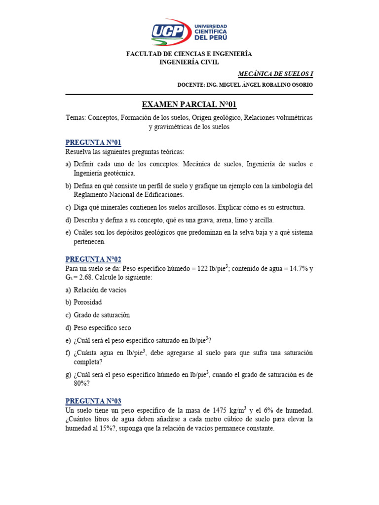 Examen Parcial N°01 (SOLUCIONARIO) - Mecánica de Suelos I (UCP) | PDF | Mecánica de suelos | Arcilla
