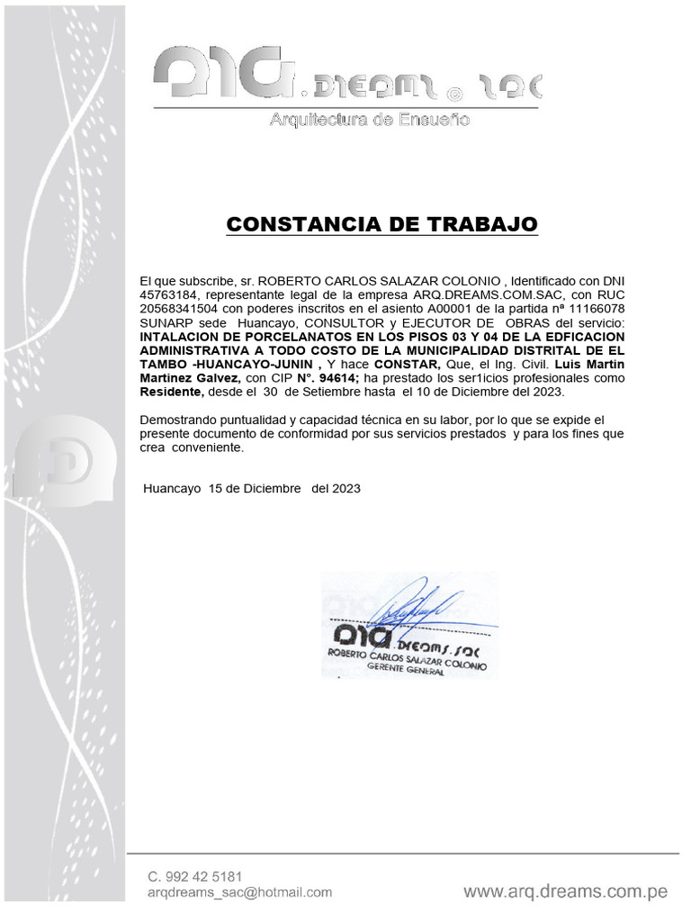 CONSTANCIAS ARQDREAMS muni el tambo | PDF