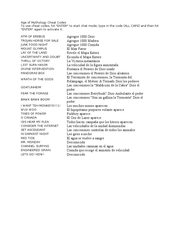 Age of Mythology Cheat Codes Español | PDF