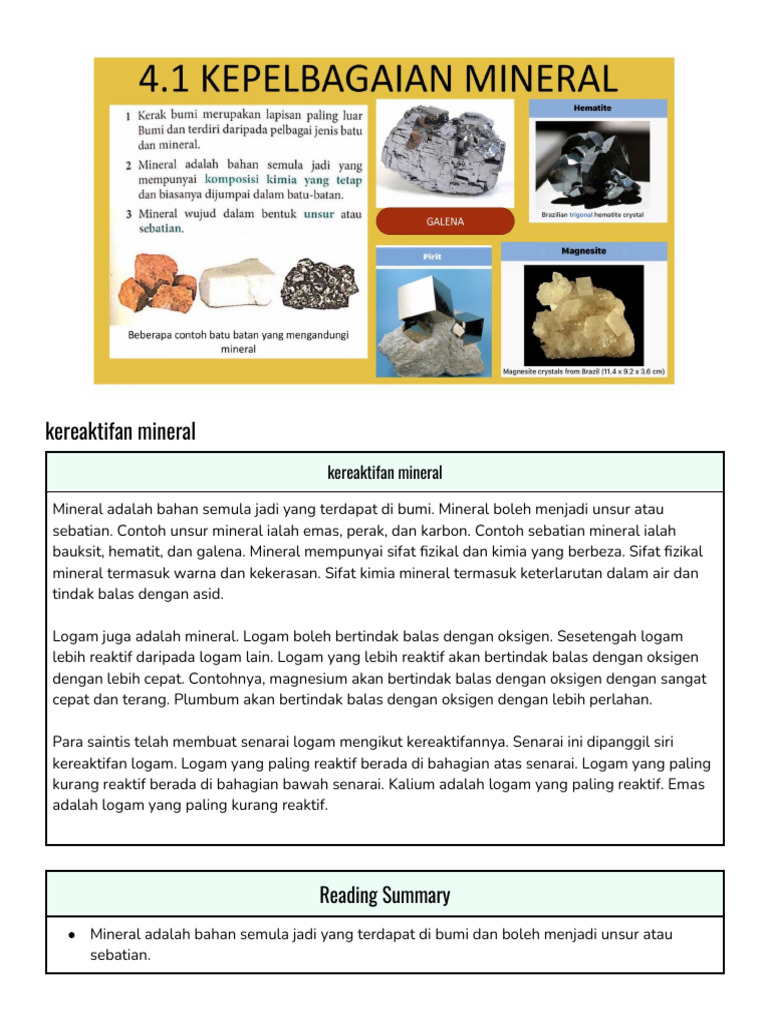 Kereaktifan Mineral (Sains Tingkatan 3) | PDF