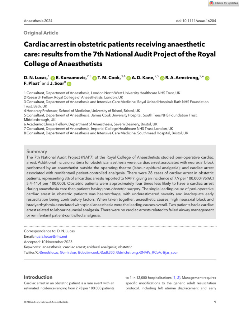 Cardiac Arrest in Obstetric Patients Receiving Anaesthetic Care | PDF ...