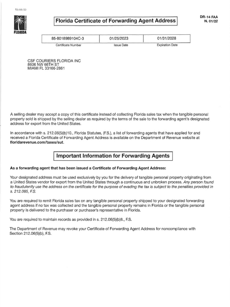 CSF Florida-Certificate-of-Forwarding-Agent-1 | PDF