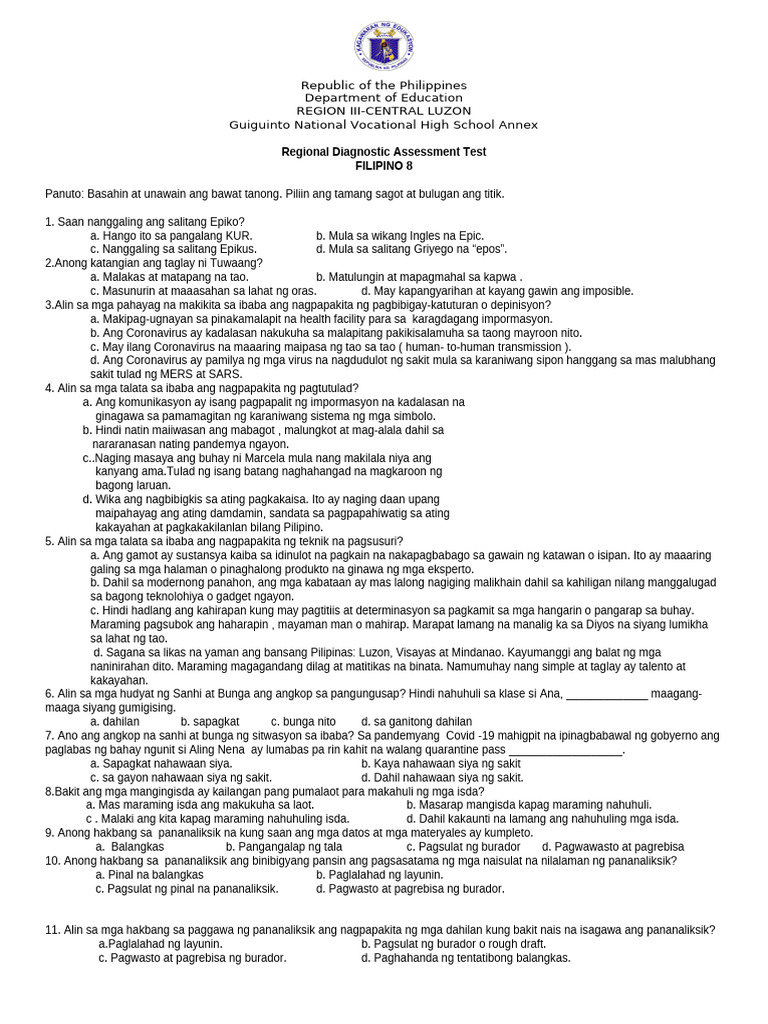 Regional Diagnostic Assessment Test FIL8 | PDF