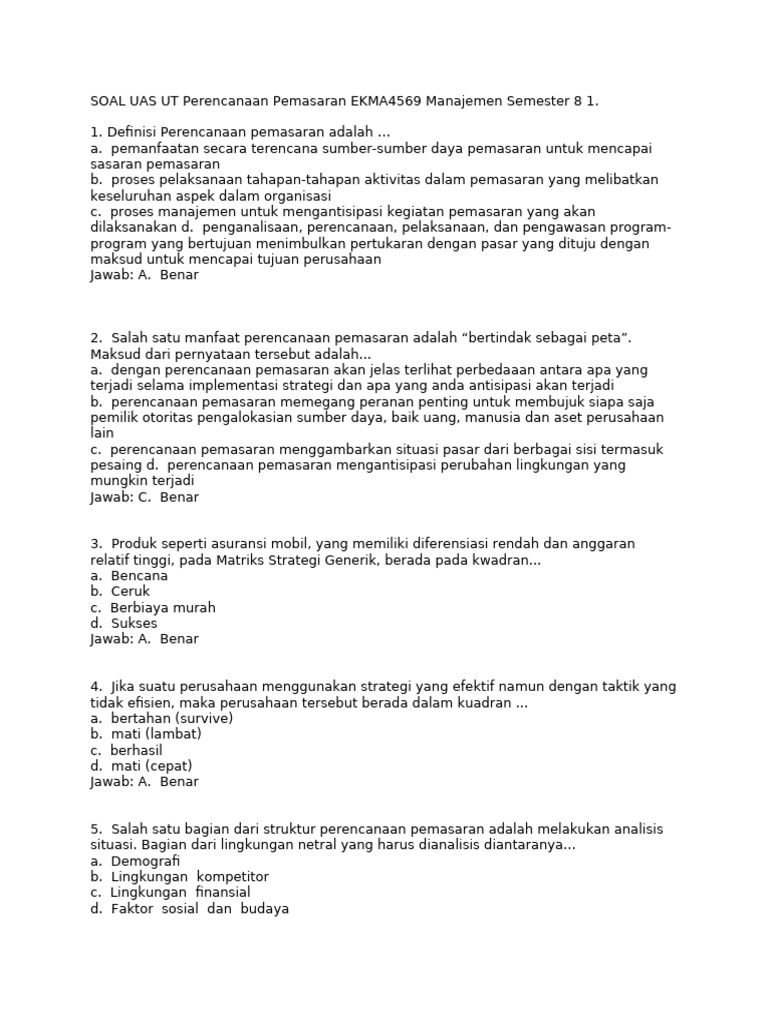 SOAL UAS UT Perencanaan Pemasaran EKMA4569 Manajemen Semester 8 1 | PDF