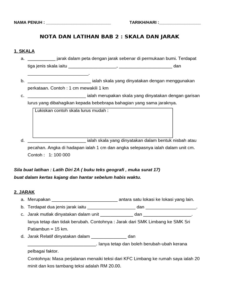 Nota Latihan Bab 2 Skala Dan Jarak Geo Ting 2 | PDF