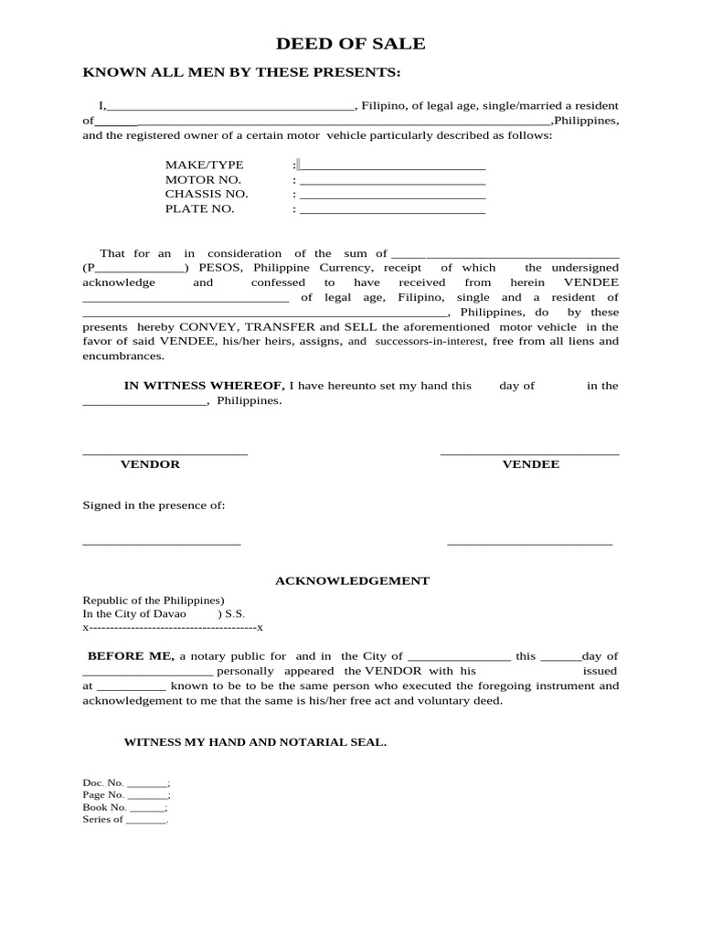 Motor Vehicle Deed of Sale Template | PDF