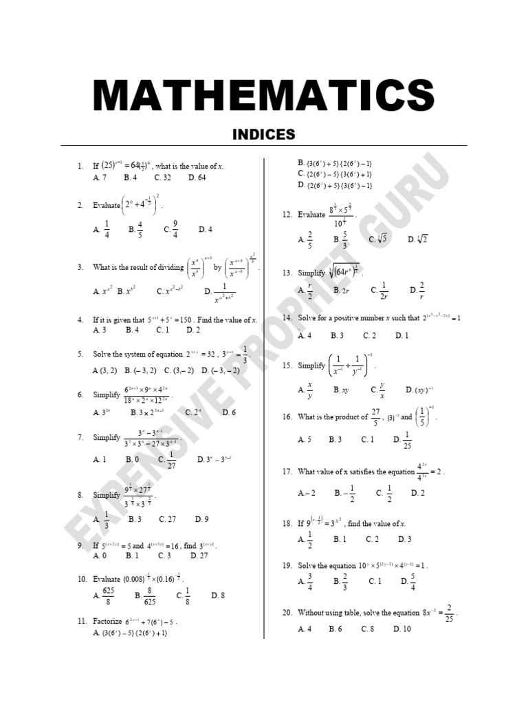 Mathematics Indices Practice Problems | PDF | Mathematics | Equations