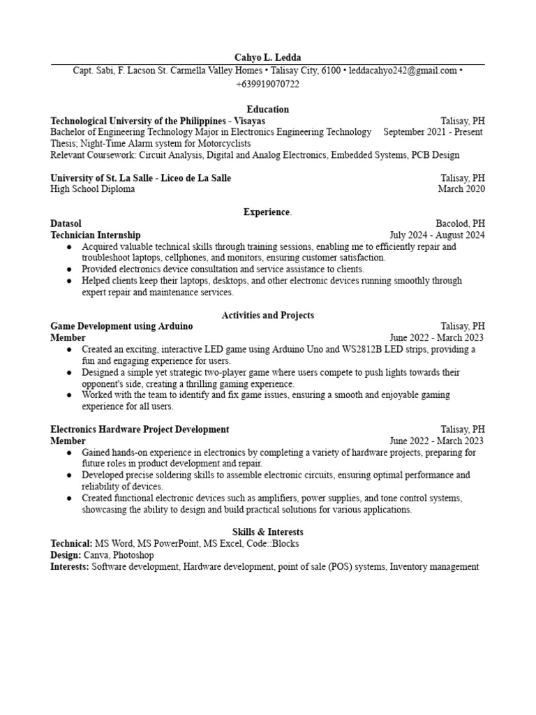 Ledda, Cahyo L. BSET ELEX | PDF | Electronics | Electrical Engineering
