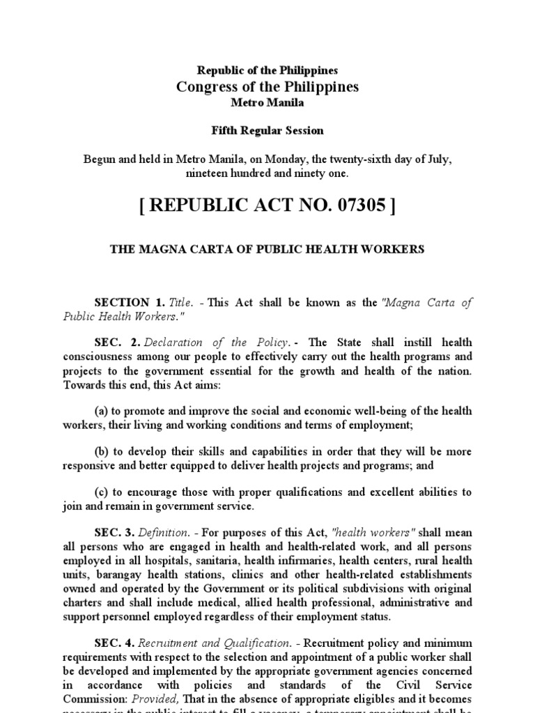 RA 7305 the Magna Carta of Public Health Workers | Overtime | Employment