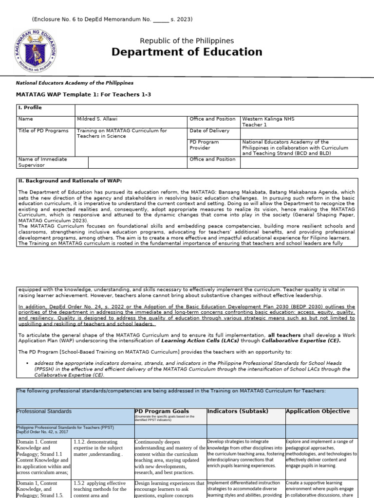 MATATAG WAP Template for Teachers 1-3 | PDF | Educational Assessment ...